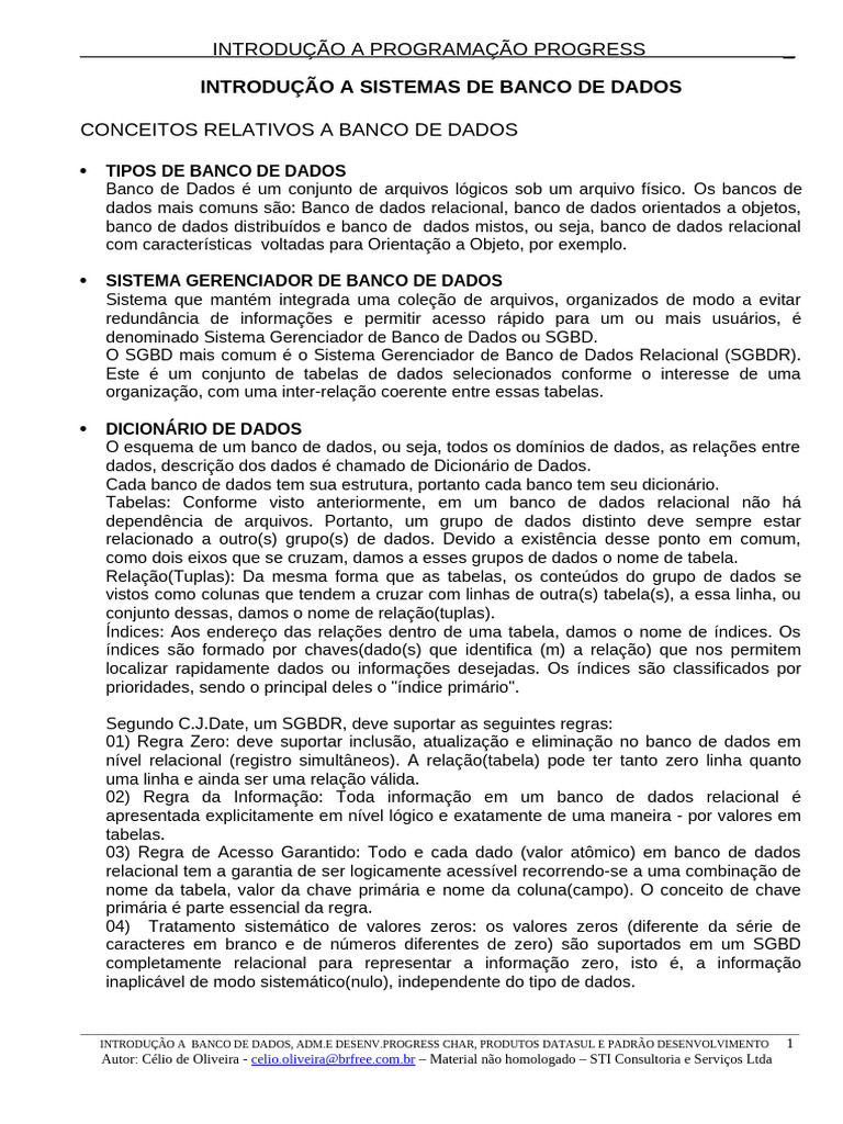 Apostila de ProgramaЗ╞o PROGRESS CHAR - Volume 1 | PDF | Base de dados relacional | Bancos de dados