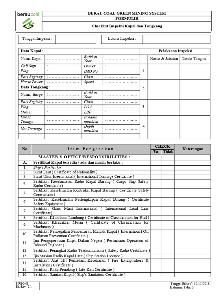 F-PBO-01 - Formulir Checklist Inspeksi Kapal Dan Tongkang | PDF F-PBO-01 - Formulir Checklist Inspeksi Kapal Dan Tongkang | PDF