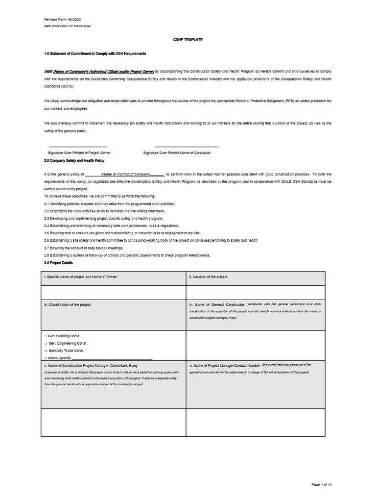 CSHP Form 1B 2023 CSHP | Download Free PDF | Occupational Safety And ...