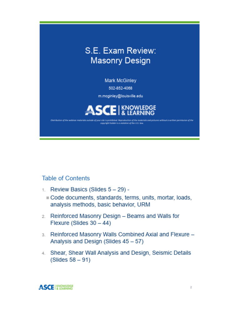 ASCE - SE Exam Review - Masonry Design Slides | PDF | Stress (Mechanics) | Masonry
