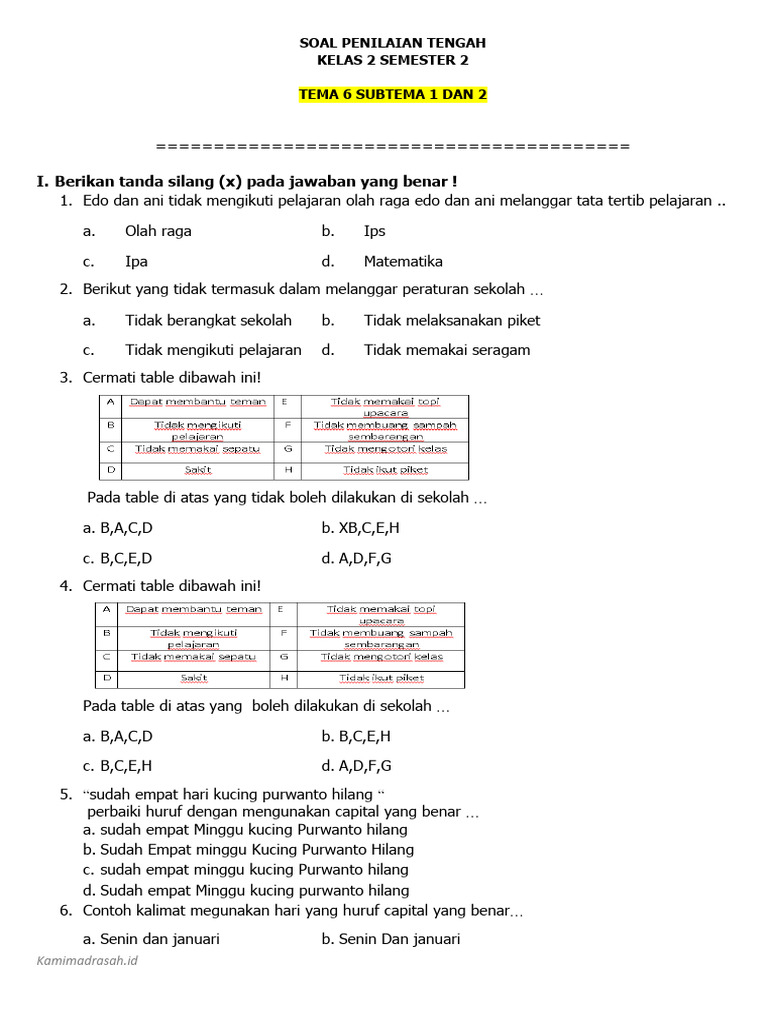 PTS KELAS 2 (Tema 6 Subtema 1 Dan 2) - Kamimadrasah | PDF