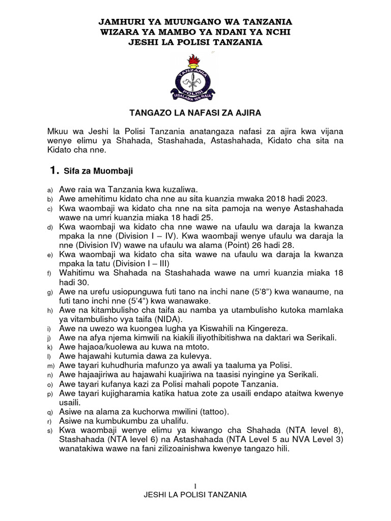 Tangazo La Ajira Jeshi La Polisi | PDF | Engineering | Car