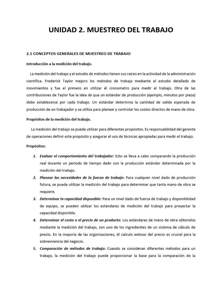 Apuntes Unidad 2 Muestreo De Trabajo Estudio Del Trabajo 2 Pdf