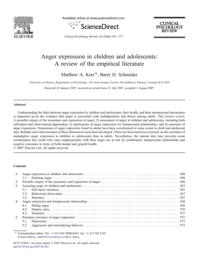 Anger Expression in Youth: A Review | PDF | Anger | Aggression