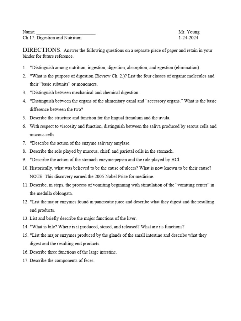 CH 17 A&P Digestion and Nutrition Worksheet | PDF
