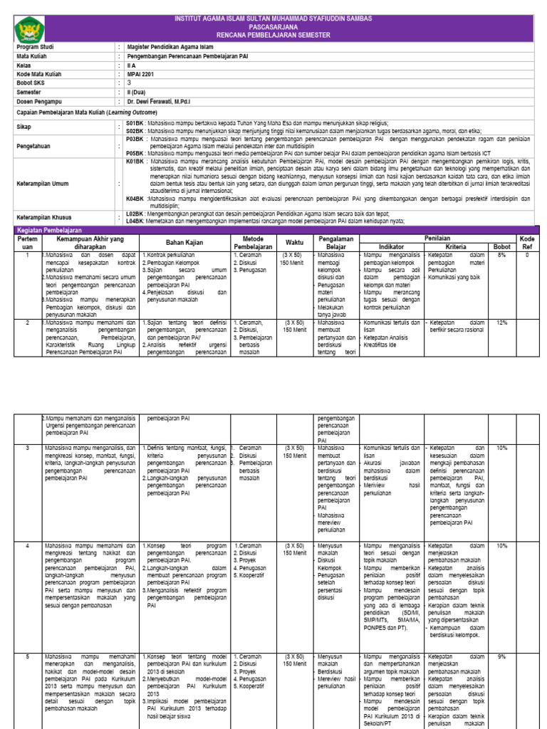RPS Pengembangan Perencanaan Pembelajaran Pai | PDF