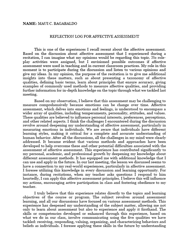 Reflection Log - Bagabaldo | Download Free PDF | Affect (Psychology) | Learning