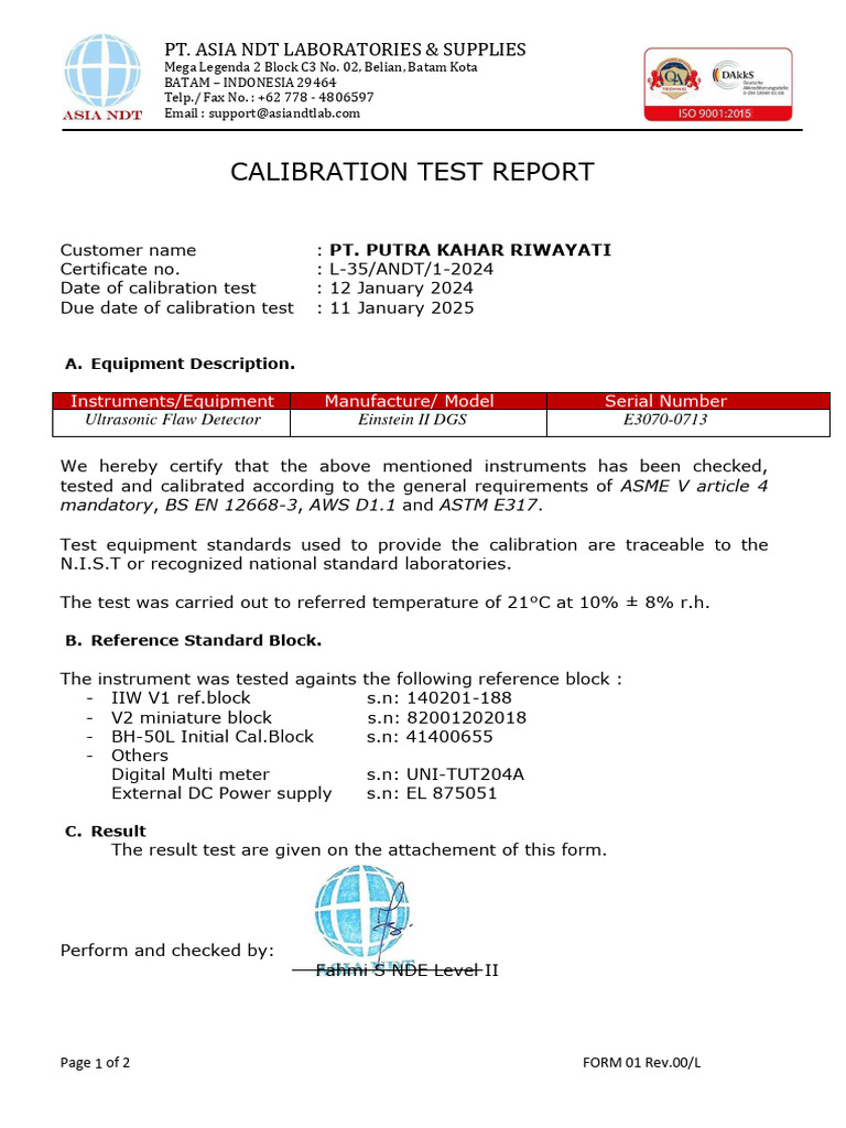 Calibration Report for Ultrasonic Detector | PDF | Calibration ...