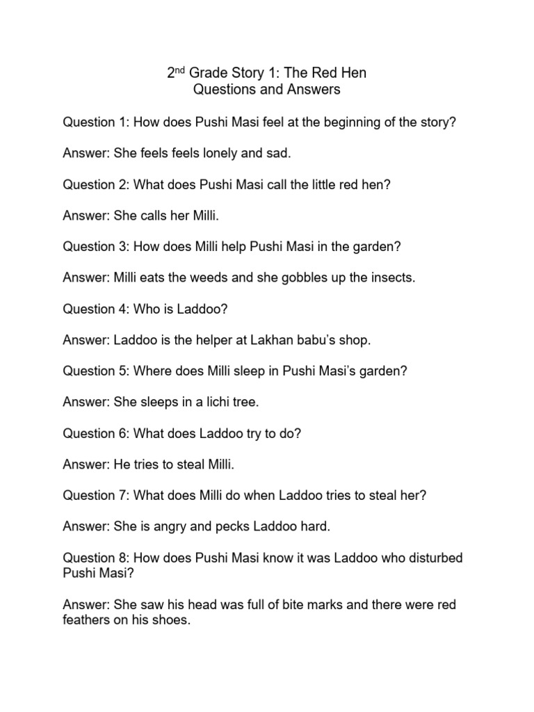 2nd Grade Story 1 The Red Hen Question and Answer Sheet | PDF | Social ...
