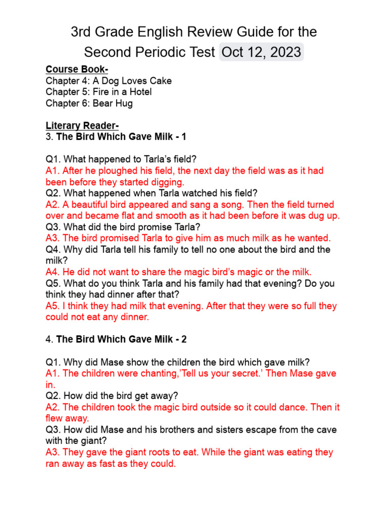 Answer Sheet For The 3rd Grade English Review Guide For The Second ...