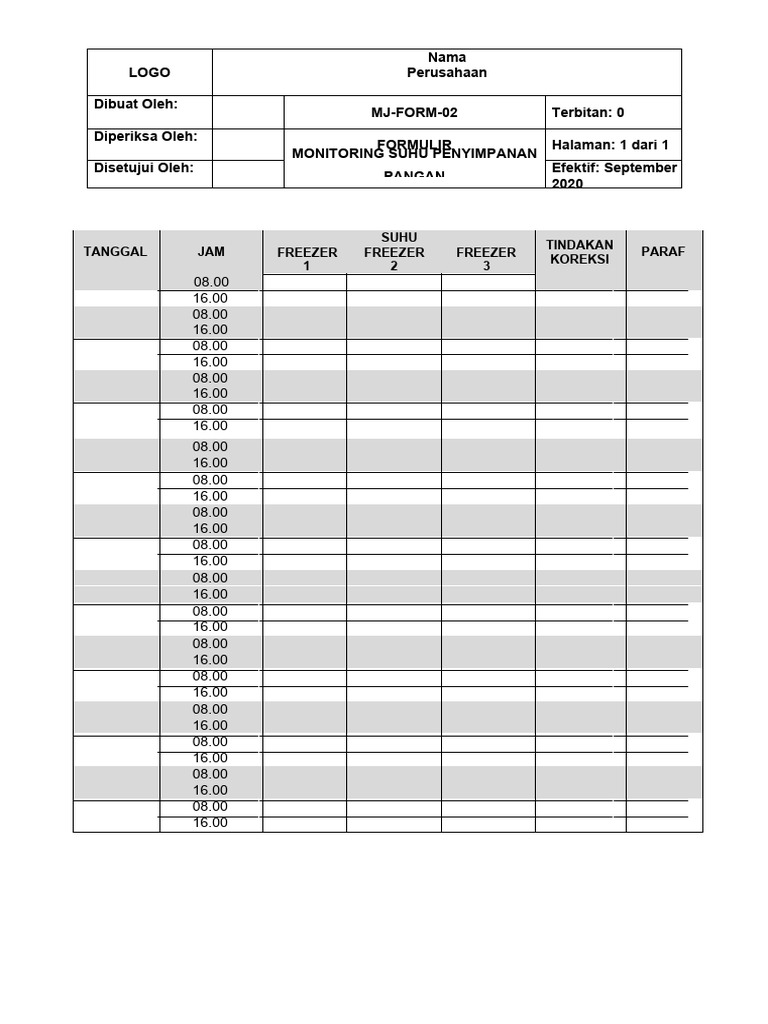 FORM-02-Formulir Monitoring Suhu Penyimpanan Pangan | PDF