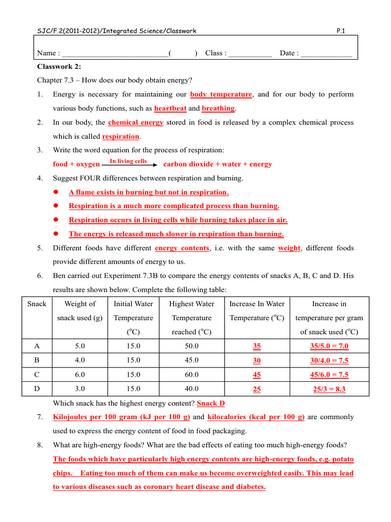 F2 IS Classwork Sheet Chapter 7 3 Answer | PDF | Calorie | Chemistry