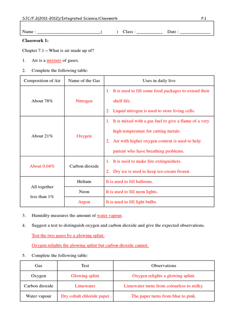 F2 IS Classwork Sheet Chapter 7 1+2 Answer | PDF | Fires | Atmosphere Of Earth