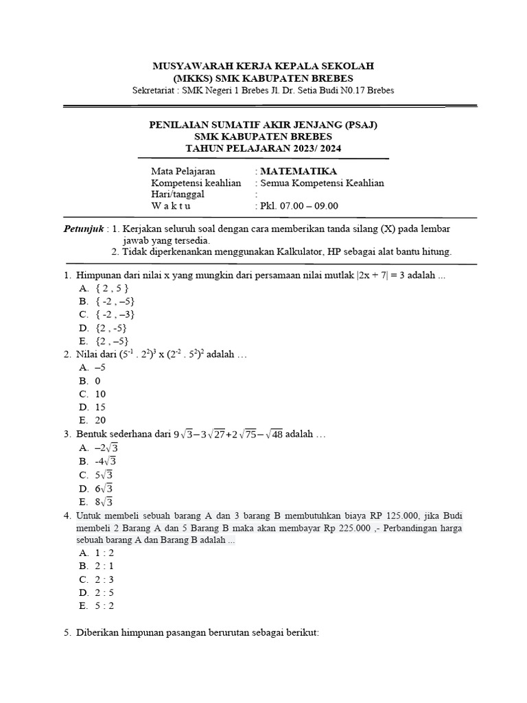 Soal Dan Kunci PSAJ MTK Kelas XII Th.2024 | PDF