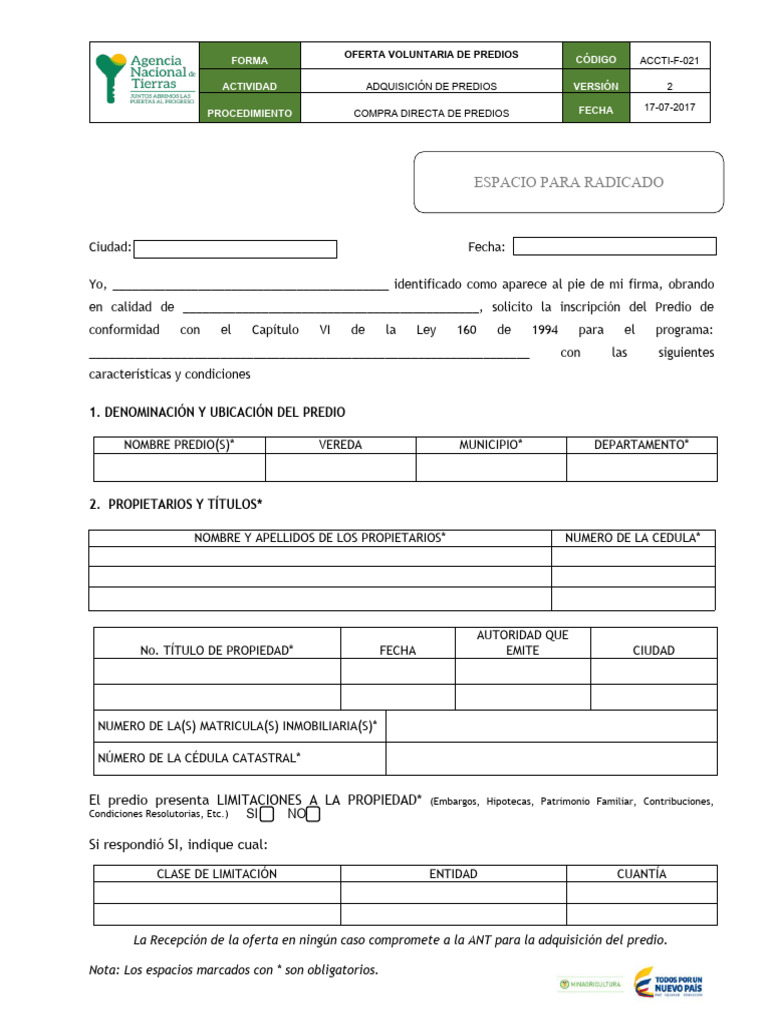 Accti F 021 Forma Oferta Voluntaria de Predios V2 | Descargar gratis PDF | Los bosques ...