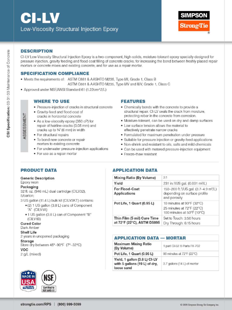 CI LV Low Viscosity Structural Injection Epoxy Product Data 2211290 | PDF