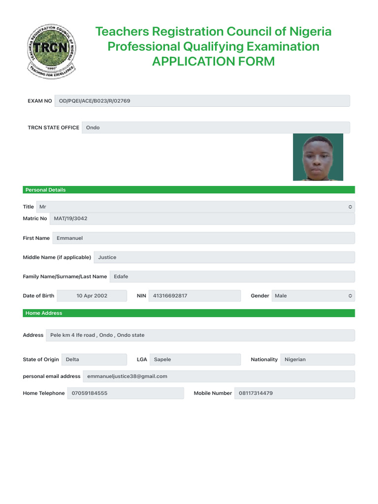 TRCN Examination Application Form | PDF