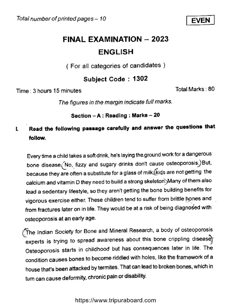 Tbse Class 10 English 1302 2023 | PDF