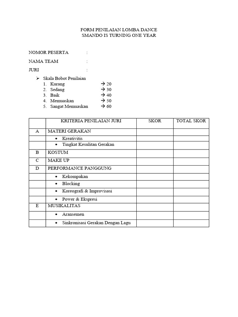 Form Penilaian Lomba Dance | PDF