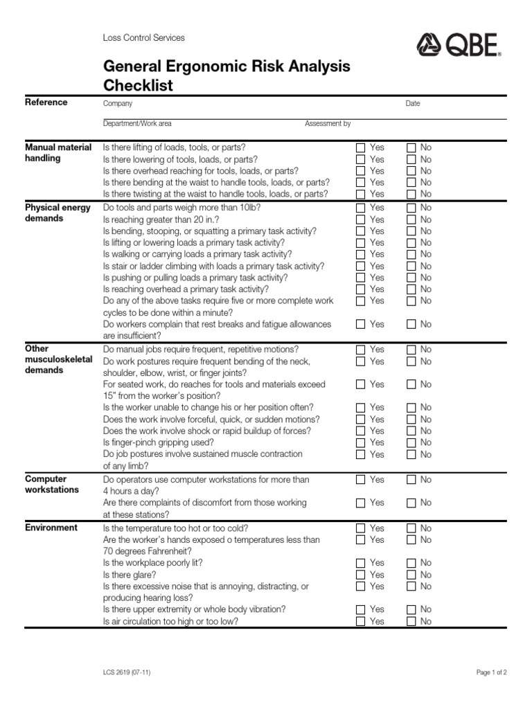 Ergonomic Risk Analysis Checklist | PDF | Occupational Safety And ...