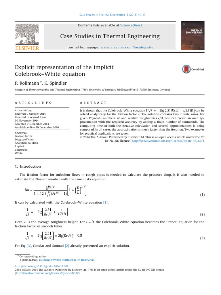 Explicit Representation of The Implicit Colebrook - White Equation ...