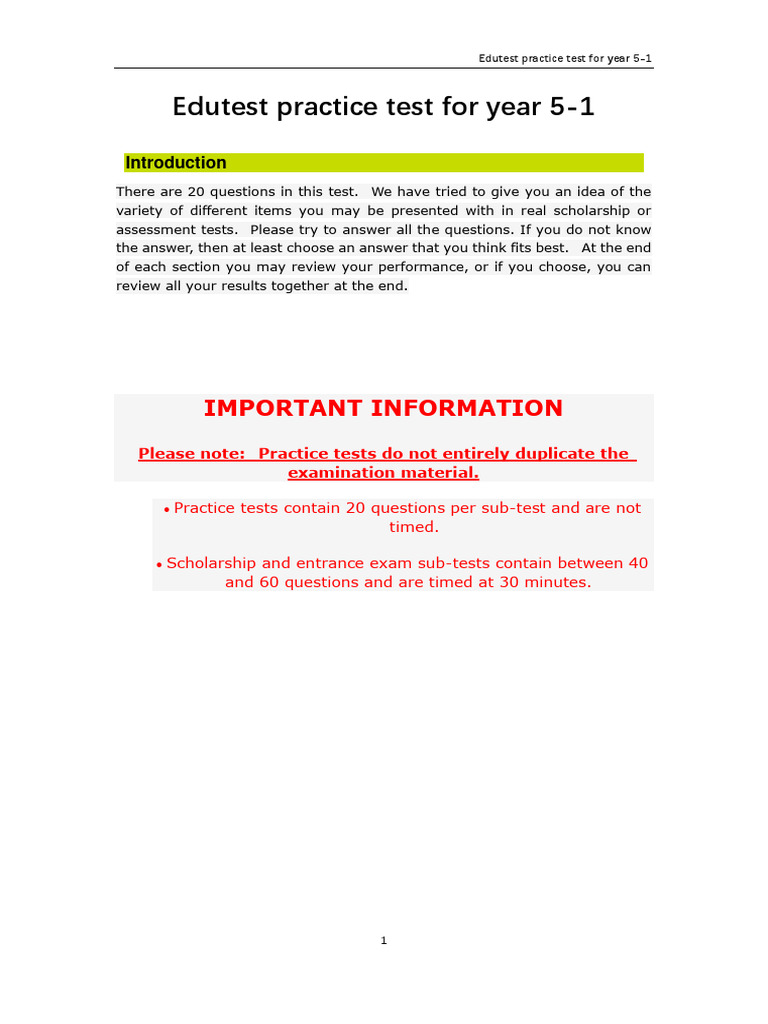 Edutest Practice Test For Year 5-1 | PDF