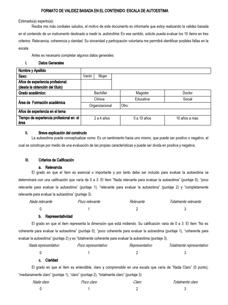 Formato Validez Contenid | PDF | Autoestima | Validez (Estadísticas)