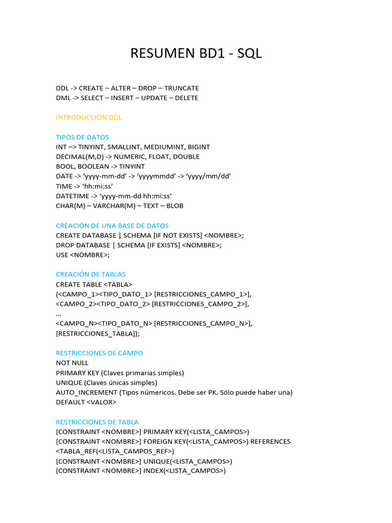 BD1 SQL - Resumen | PDF | SQL | Datos