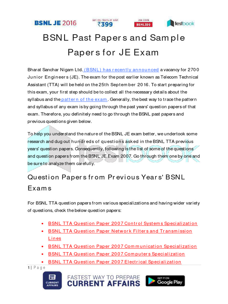 BSNL Past Papers and Sample Papers For JE Exam | PDF | Computers