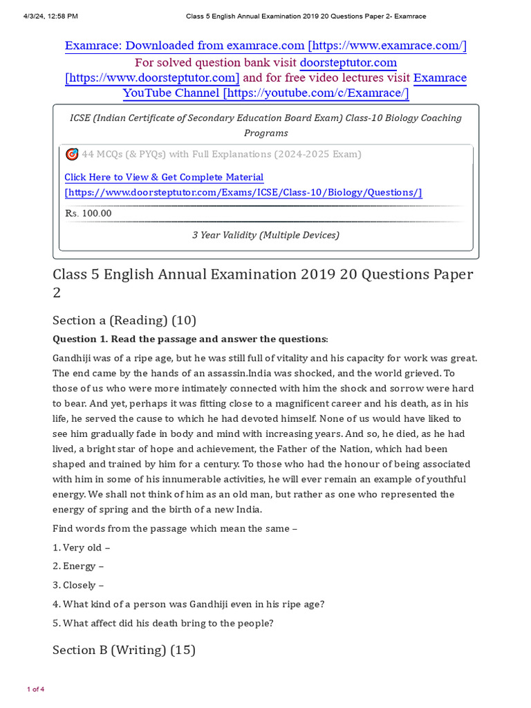 Class 5 English Exam Paper 2019 | PDF | Grammatical Tense | Verb