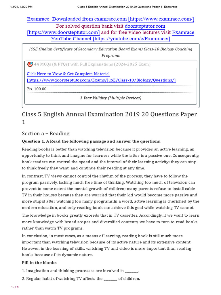 ICSE Class 5 English Sample Paper 1 | PDF | Learning | Linguistics