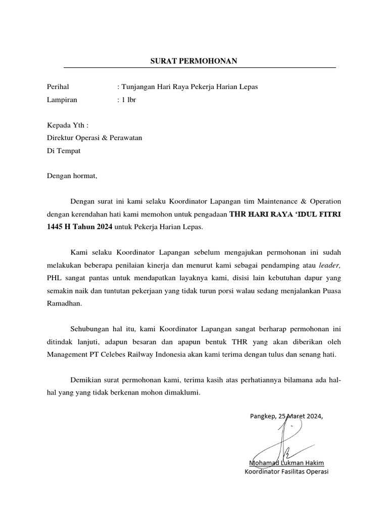 Surat - Permohonan - Tunjangan Hari Raya Lukman | PDF