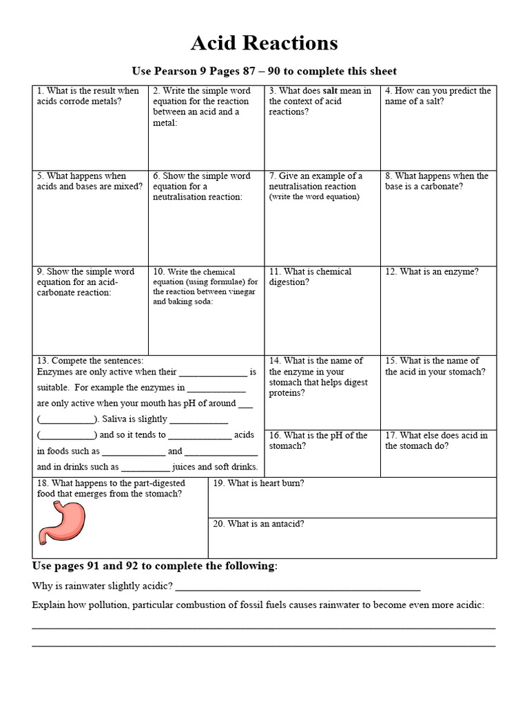 Acid Reactions Pearson 9 Notetaking Sheet | PDF | Acid | Digestion
