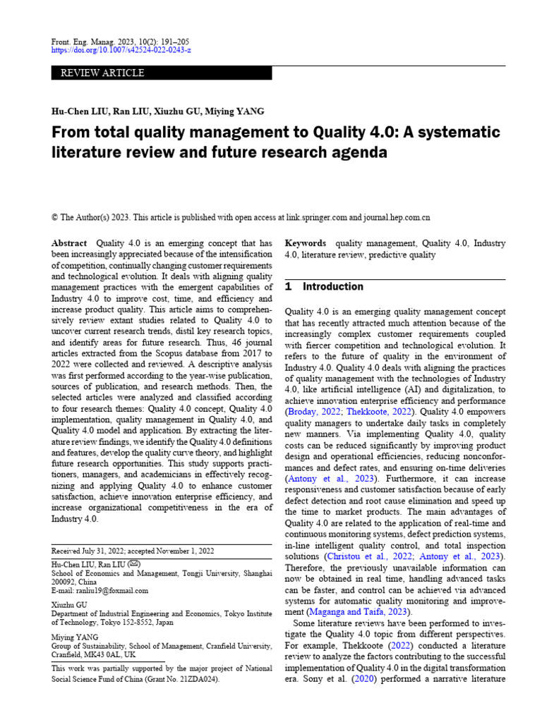 From Total Quality Management To Quality 4.0: A Systematic Literature Review and Future Research ...