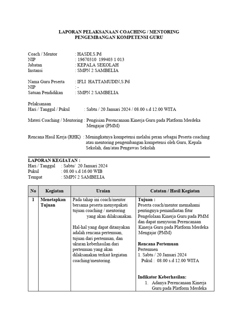 12 Contoh Laporan Melaksanakan Coaching 1 Merencanakan Kinerja Guru | PDF