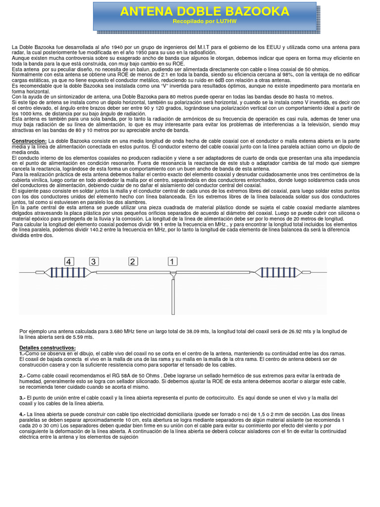 Antena Doble Bazooka para 80 Mts | PDF | Antena (Radio) | Cable coaxial Antena Doble Bazooka para 80 Mts | PDF | Antena (Radio) | Cable coaxial