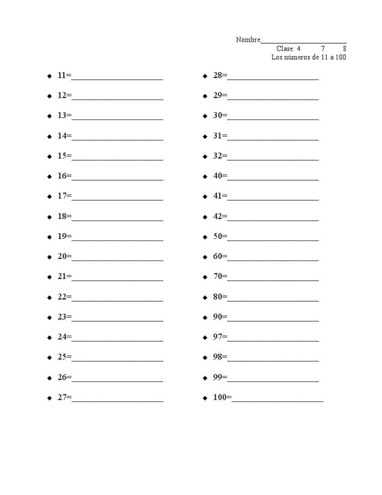 Spanish Numbers 11-100 Worksheet | PDF