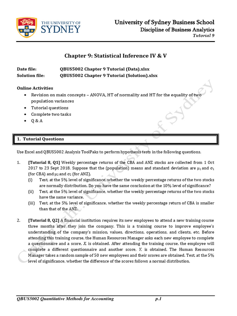 QBUS5002 Chapter 9 Tutorial (Question) Tw | PDF | Analysis Of Variance | Normal Distribution