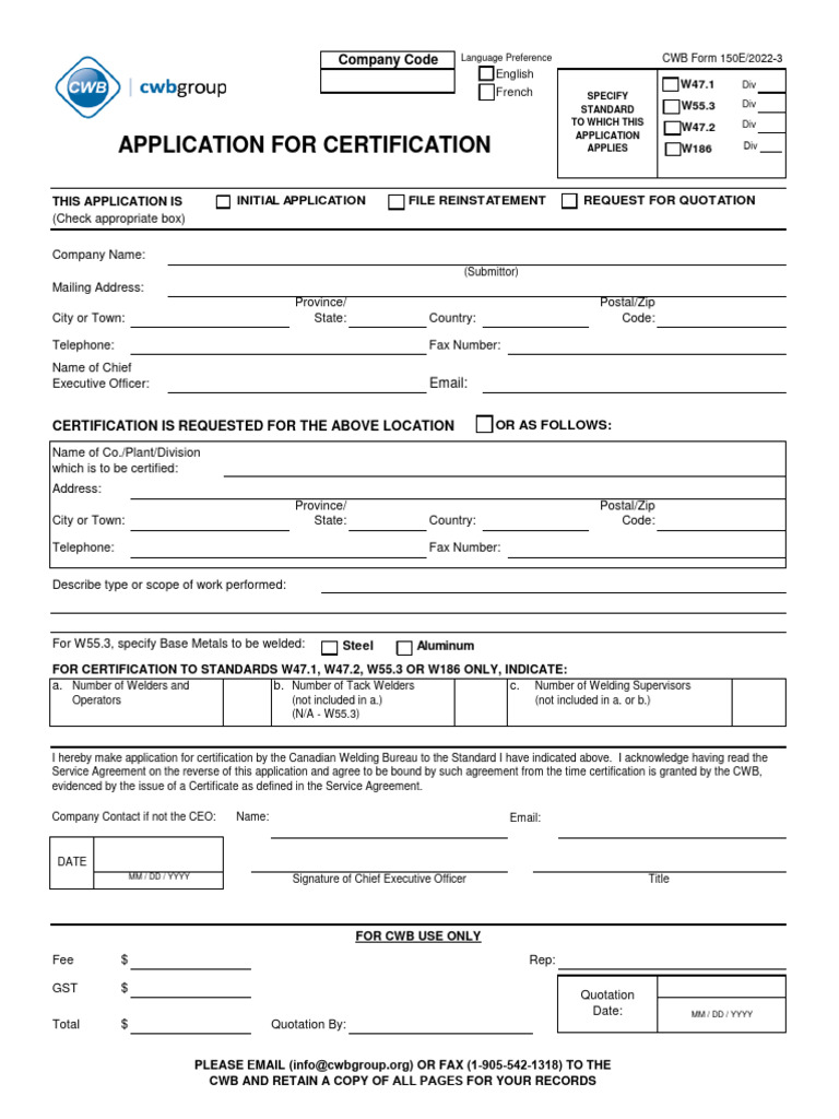 CWB Certification Application Form | PDF | Indemnity | Common Law