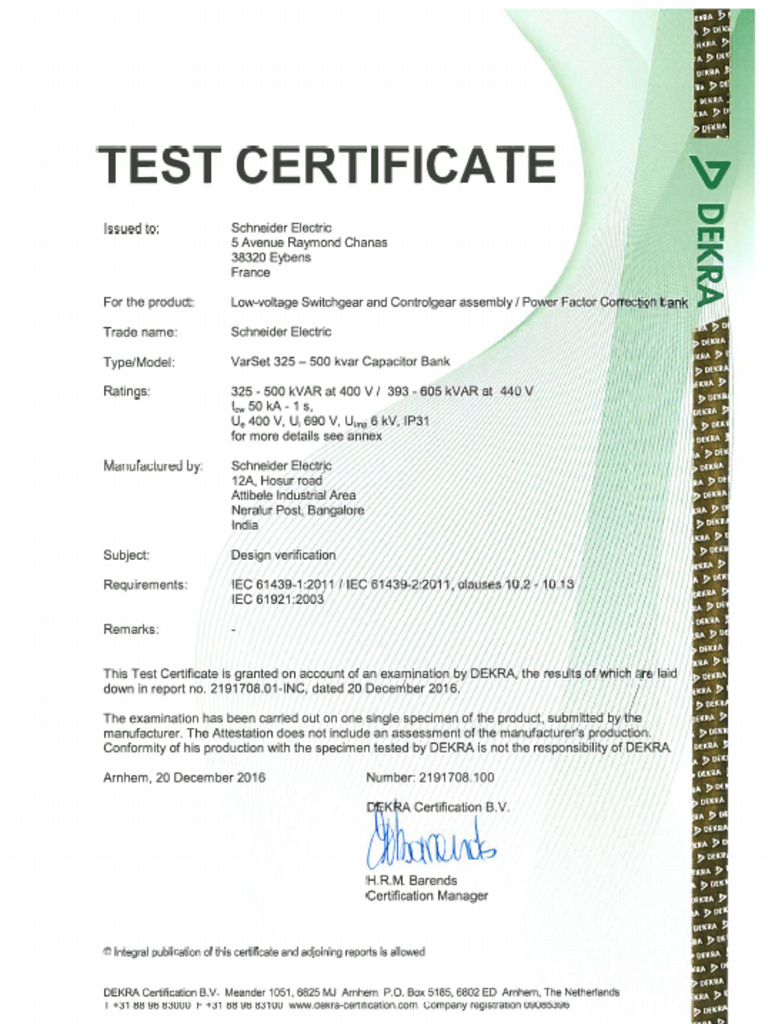 Certificate - ADDC - DEKRA - F - 2191708 01 - (500 Kvar Capacitor Bank ...