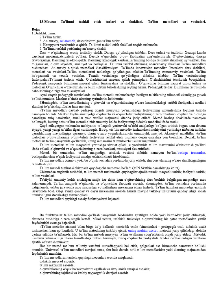 13-Mavzu - Ta'limni Tashkil Etish Turlari Va Shakllari. Ta'lim Me | PDF