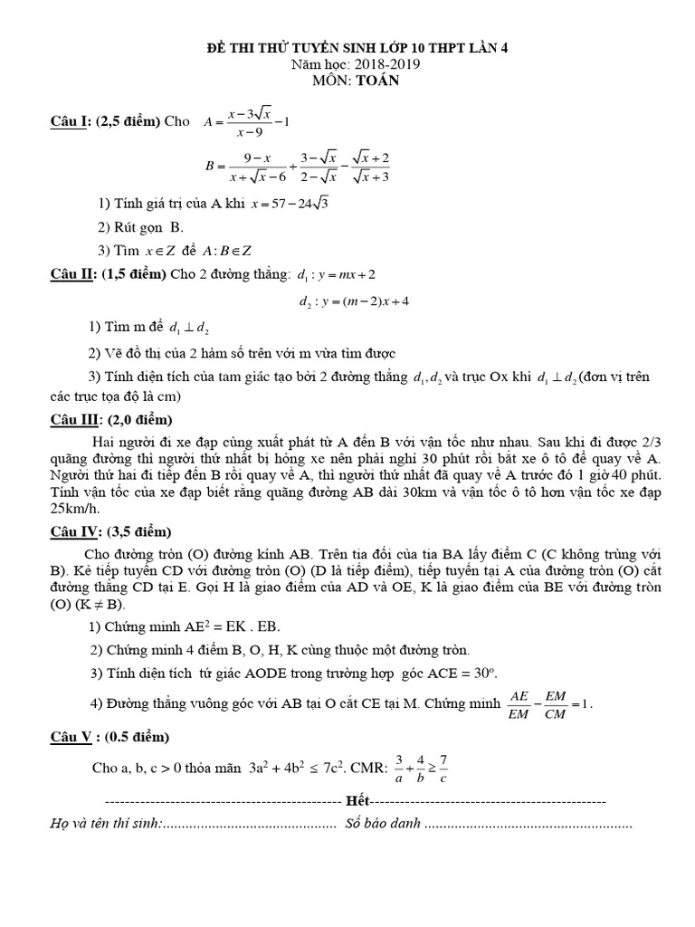 De Thi Thu Vao 10 Mon Toan Truong THPT Hong Bang Hai Phong | PDF