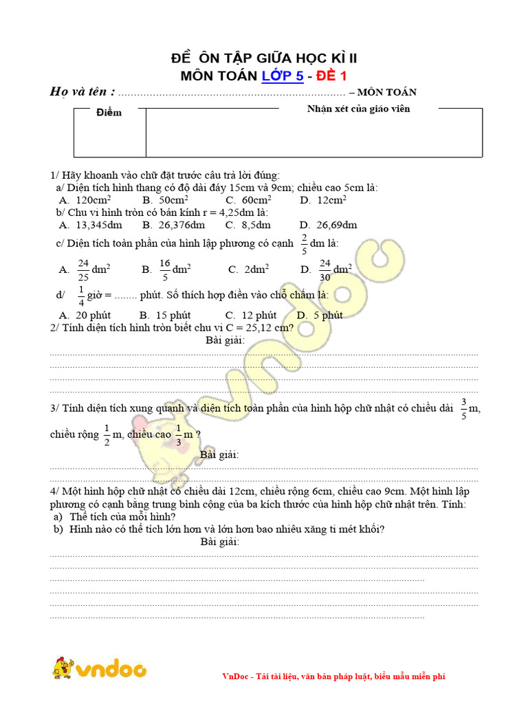 Bo de On Thi Giua hk2 Lop 5 Mon Toan | PDF