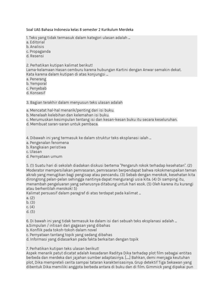 Soal UAS Bahasa Indonesia Kelas 8 Semester 2 Kurikulum Merdeka | PDF | Seni & Disiplin Bahasa ...
