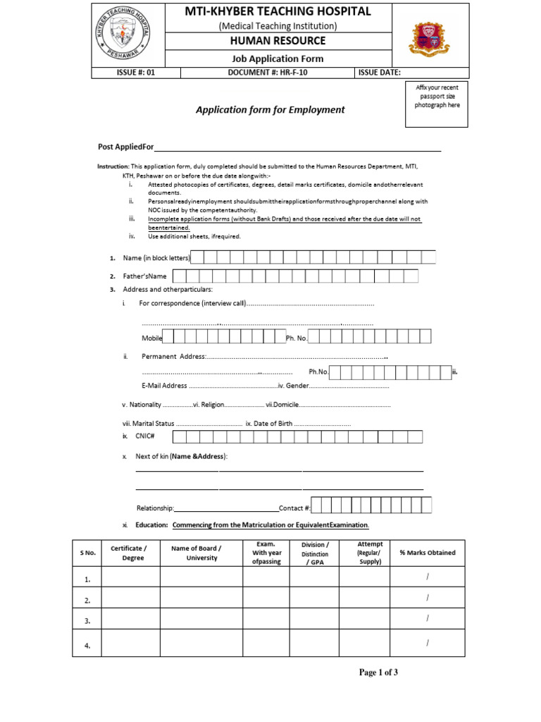 MTI Khyber Teaching Hospital Job Application Form | PDF