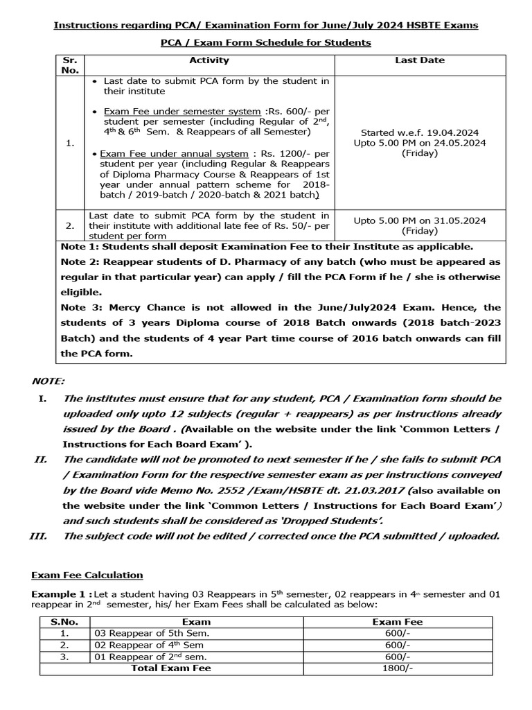 HSBTE PCA Exam Form Instructions 2024 | PDF | Academic Term ...