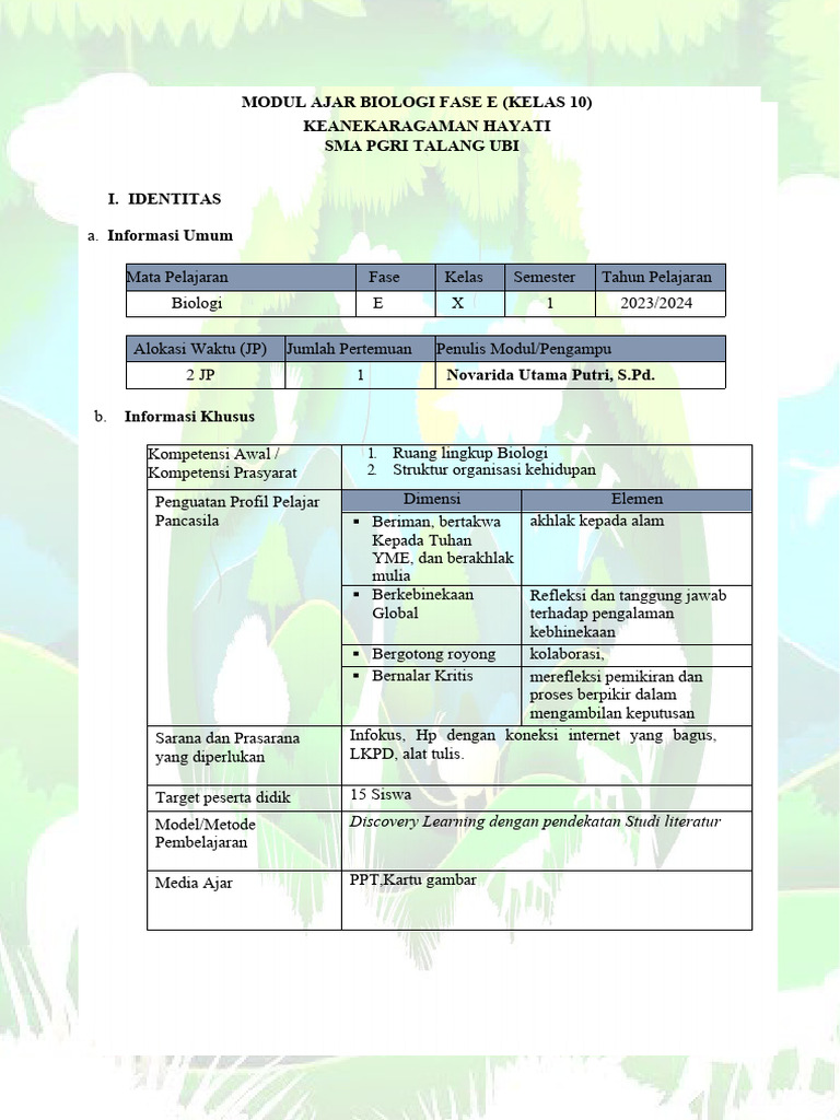 MODUL AJAR BIOLOGI FASE E Keanekaragaman Hayati | PDF