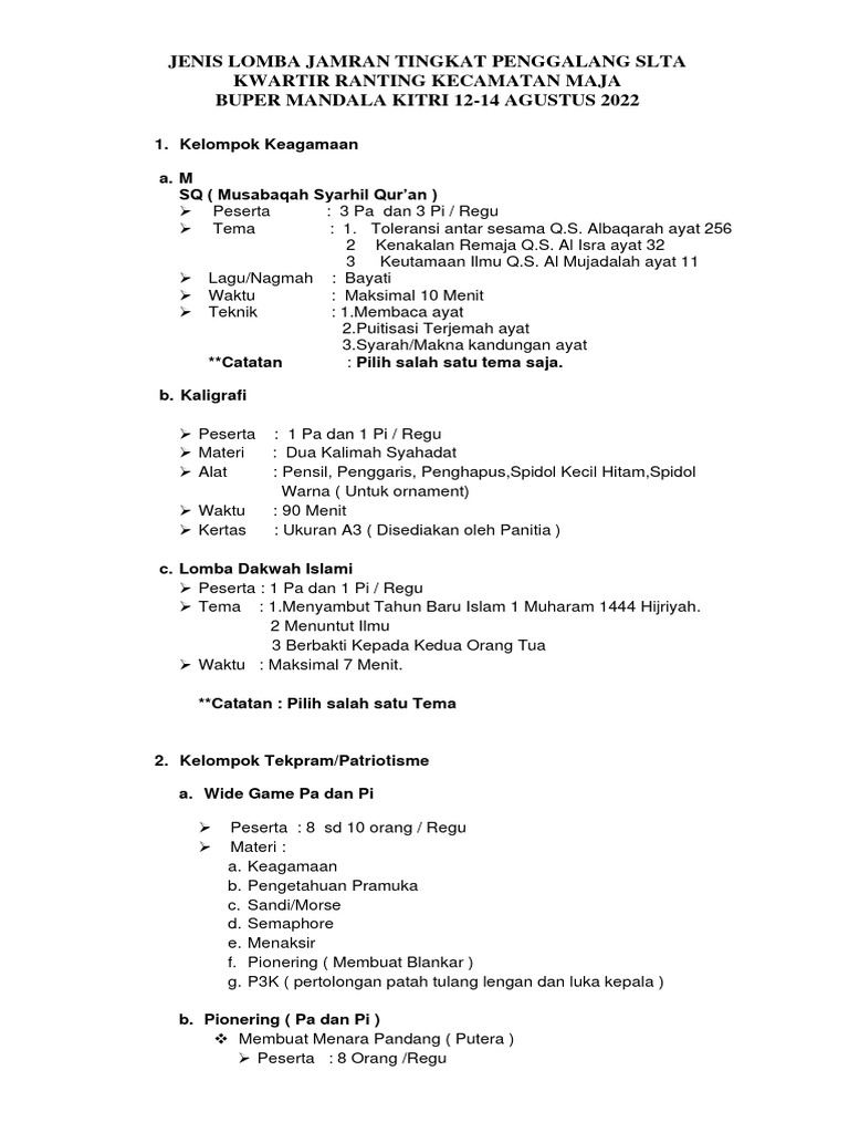 Jenis Lomba Jamran Tingkat Penggalang Slta | PDF