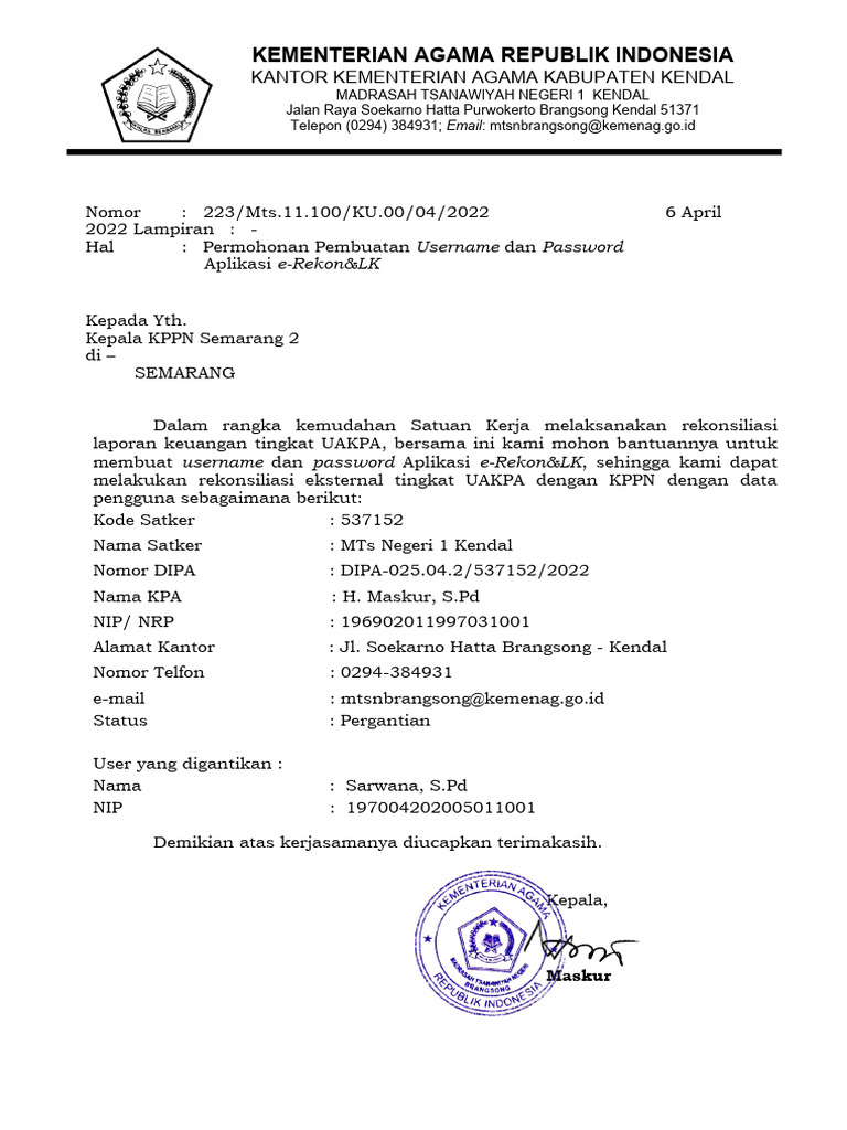 Surat Permohonan Pembuatan User e-Rekon&LK - Ganti | PDF