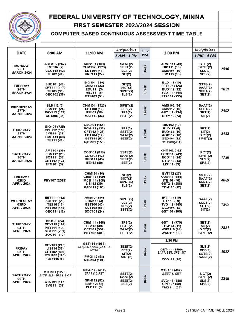 2023 - 24 First Semester CA Time Table | PDF